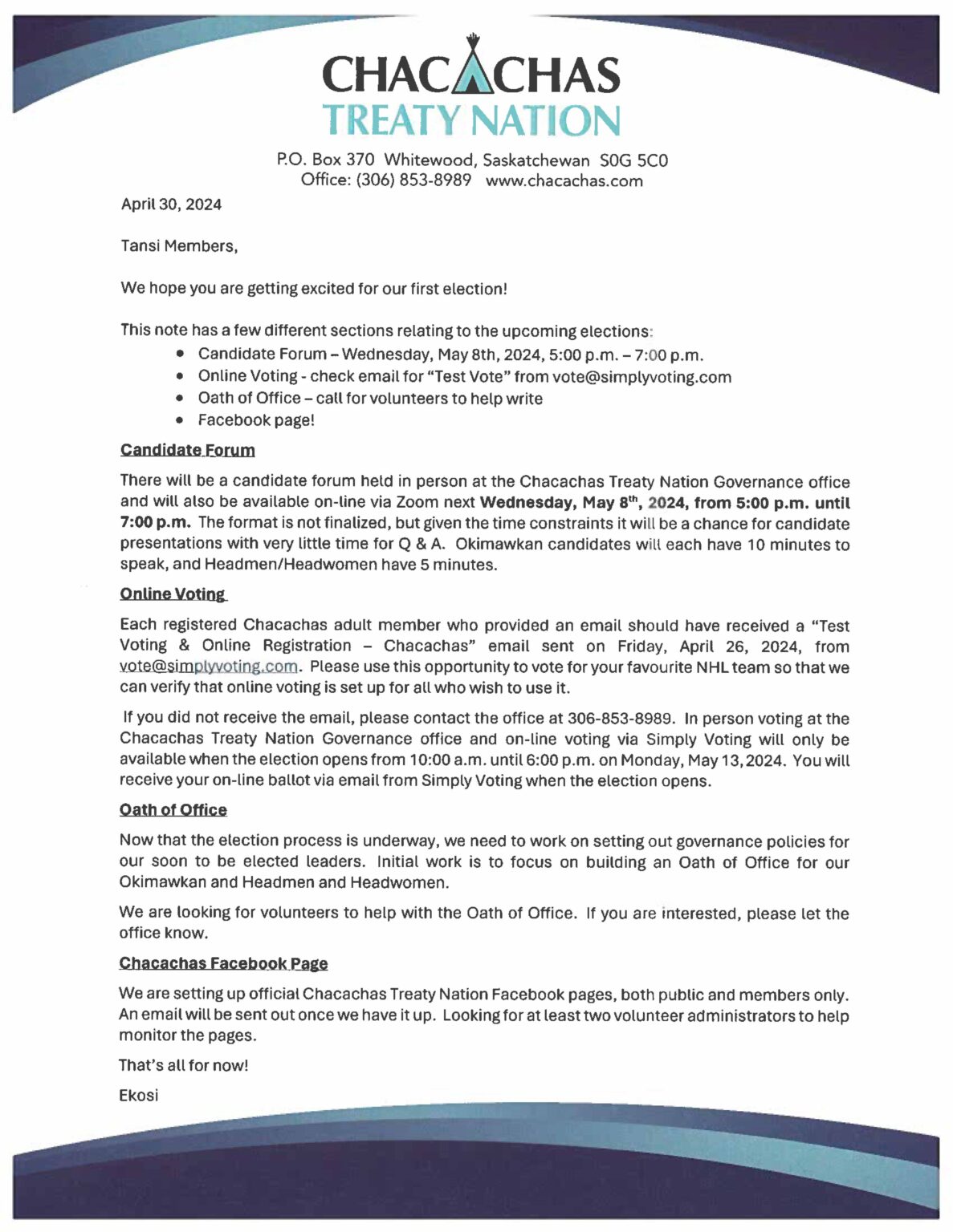 Notice to Membership – April 30 2024 - Chacachas Treaty Nation