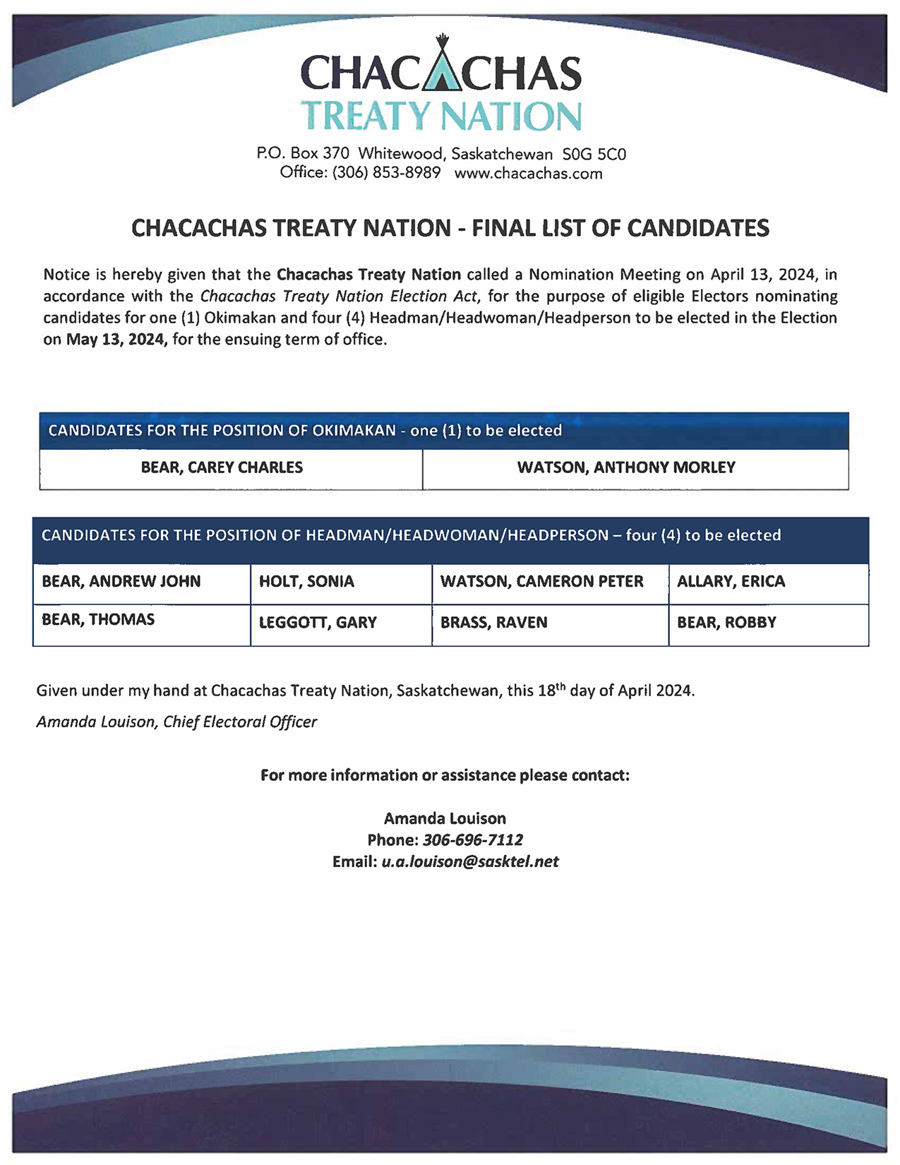 Polling Notice 2024 - Chacachas Treaty Nation